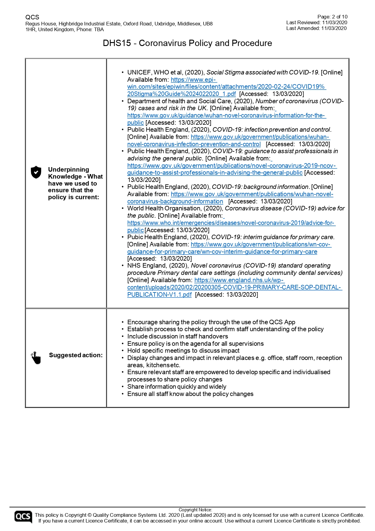 Free Coronavirus Policy and Procedure for Dentists (version 1) | QCS