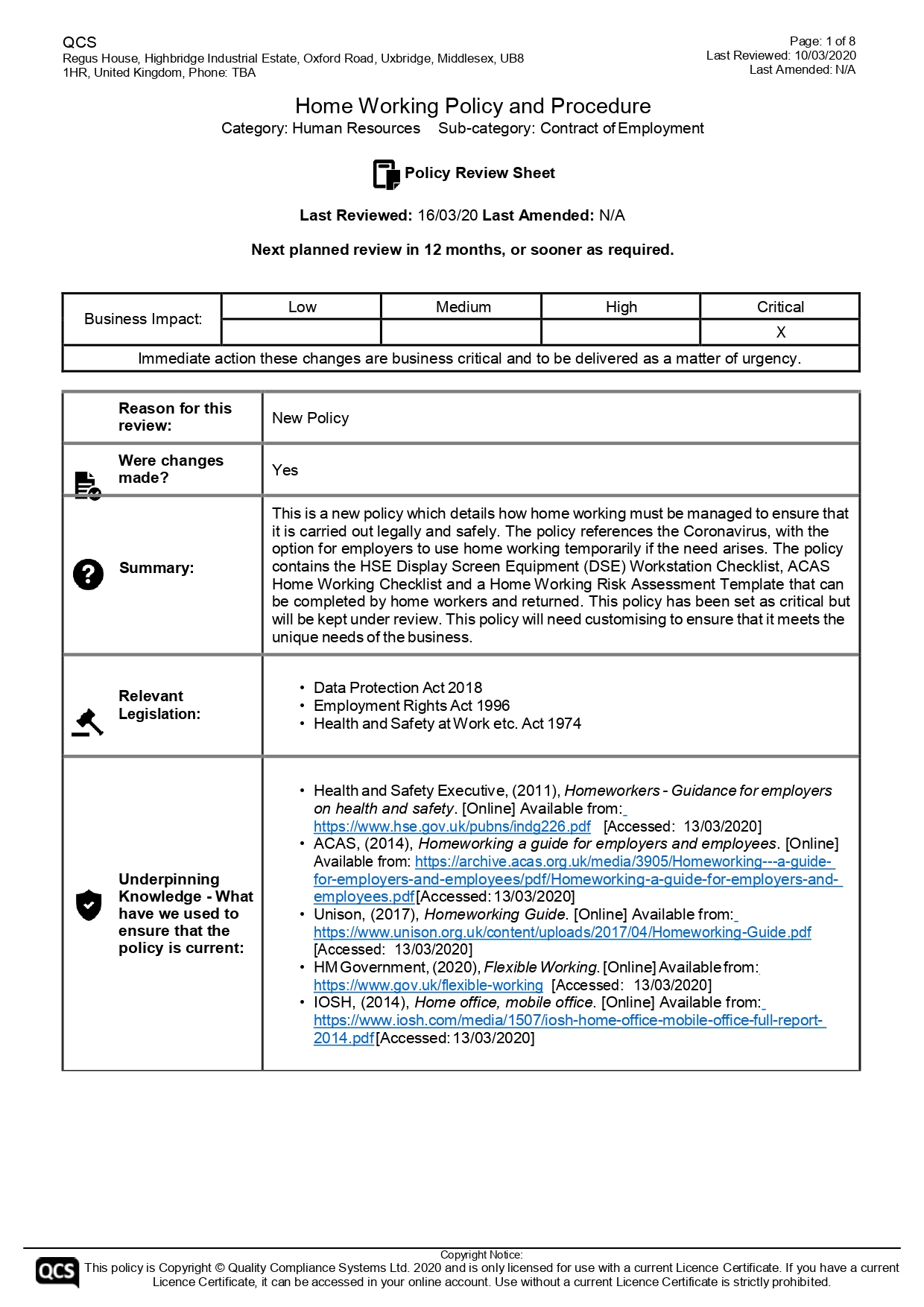 Free Homeworking policy and procedure for Primary Care (version 1) | QCS